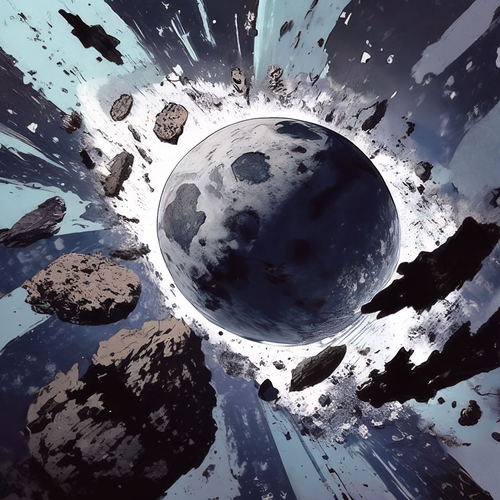 "A meteorite crashes into the moon, causing it to break apart and fall ...