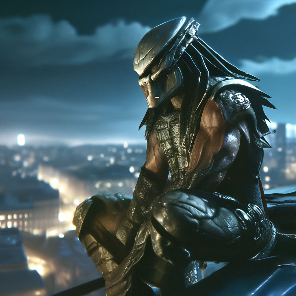 "Predator from the movie in the city on the roof at night sitting ...