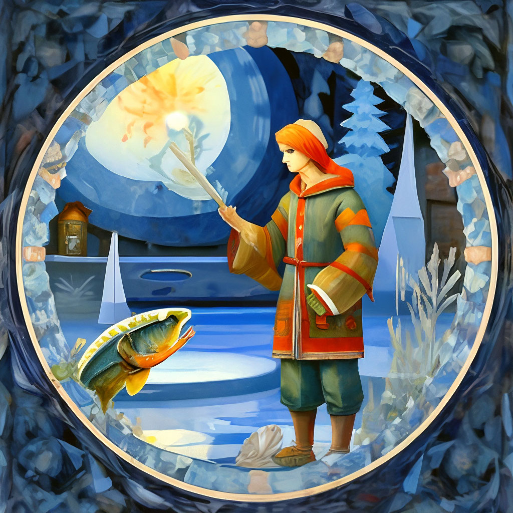 "The fairy tale "at the behest of the pike".(Emelyan)A young man stands ...