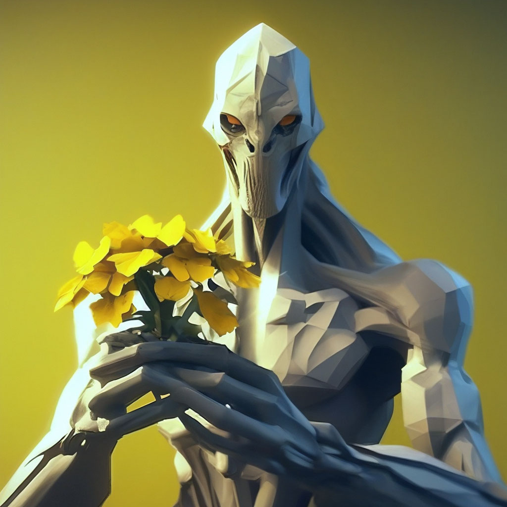 "A huge, humanoid, scary mutant is holding a small yellow flower in his ...