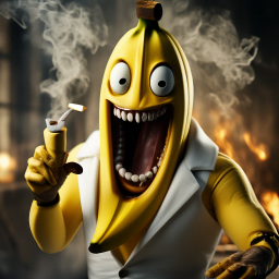 «Toothy aggressive banana smoking cigarettes» — video created in Shedevrum