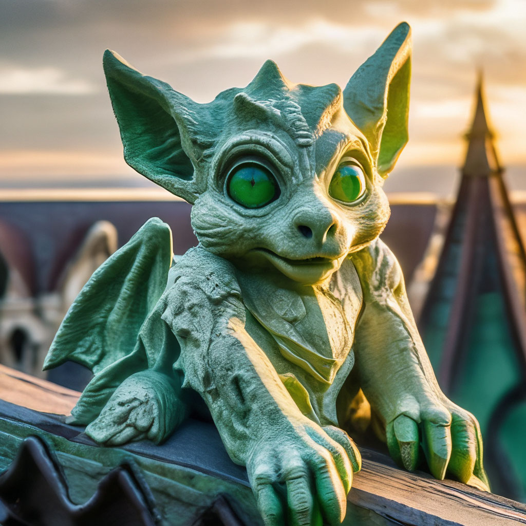 "Cute marble light green gargoyle on the roof of a Gothic castle, close ...
