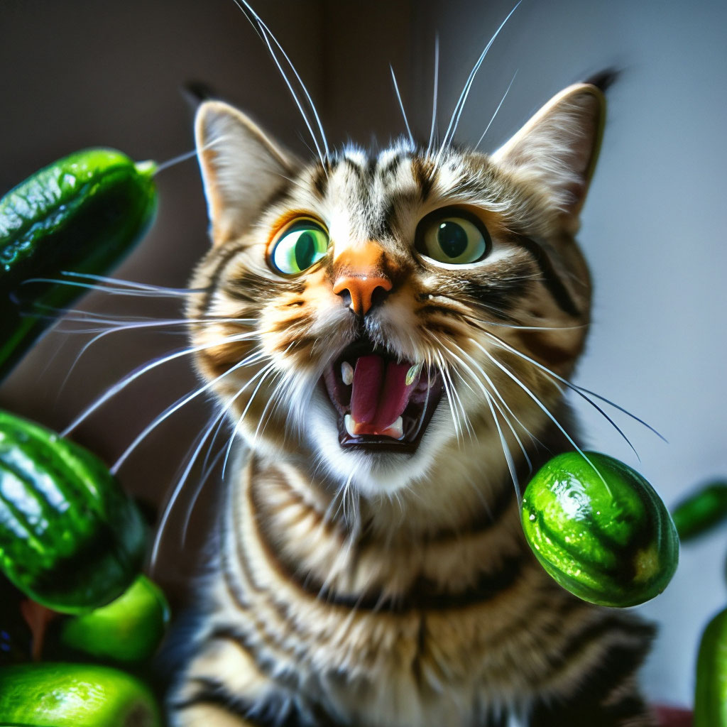 "The cat was scared of cucumbers, jumped up in fear., professional ...