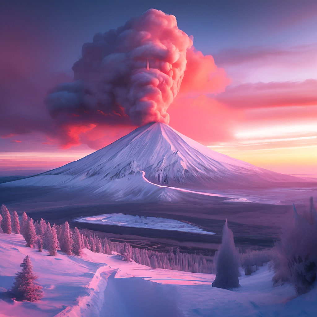"Winter,pink dawn over the Vilyuchinsky volcano, aesthetically pleasing ...