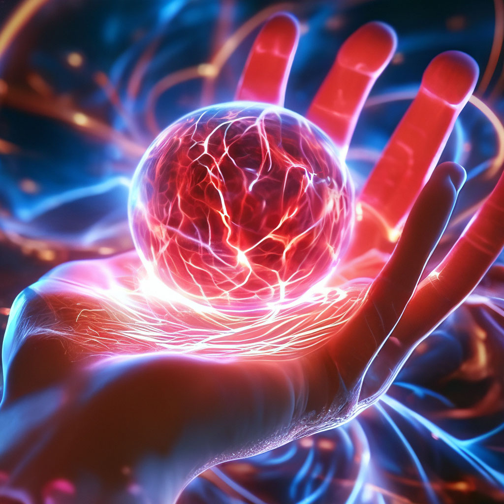 "Hyperrealism, human palm, plasma ball in the palm,mysterious energy ...