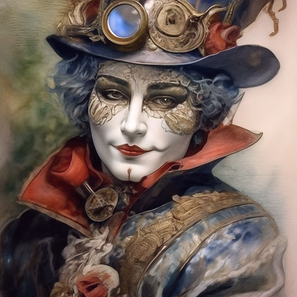 "Watercolor,drawing with fine strokes on silk, a young man in a Pierrot ...