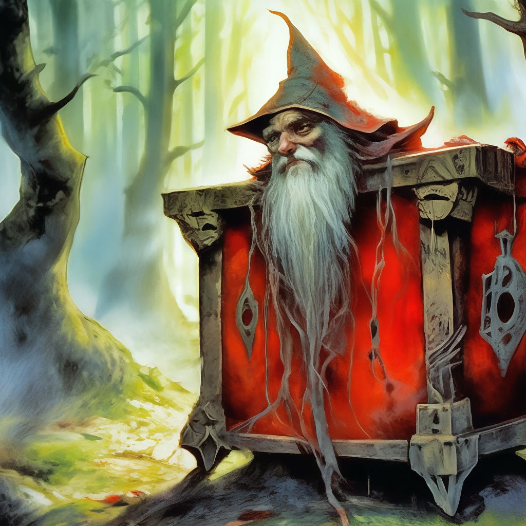 "Magic of the runic red chest.Anthropomorphic- -grotesque sorcerer ...