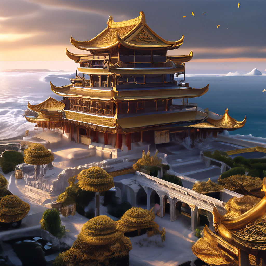 "Chinese palace over the sea, gold coins, grunge,glass, lite botanical ...