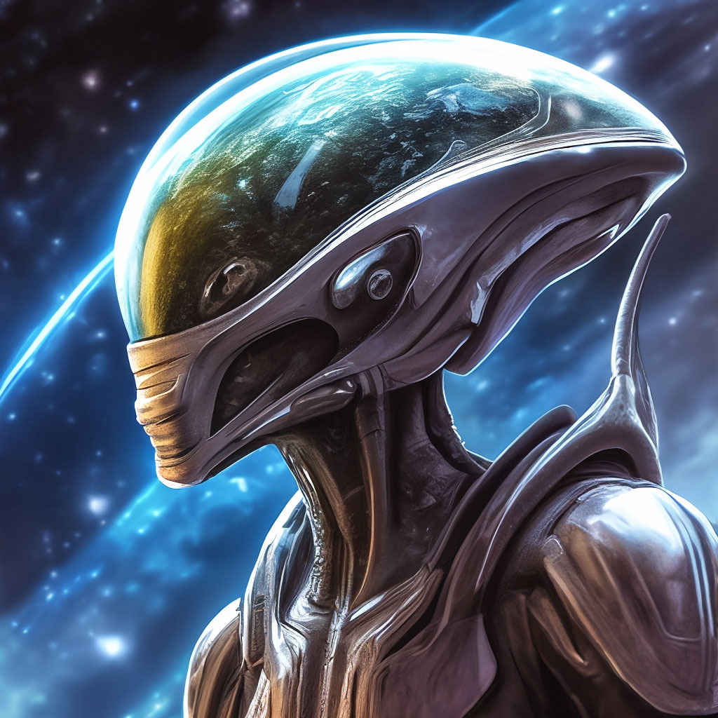 "An alien with a human face, full-face, looking intently, graphics ...