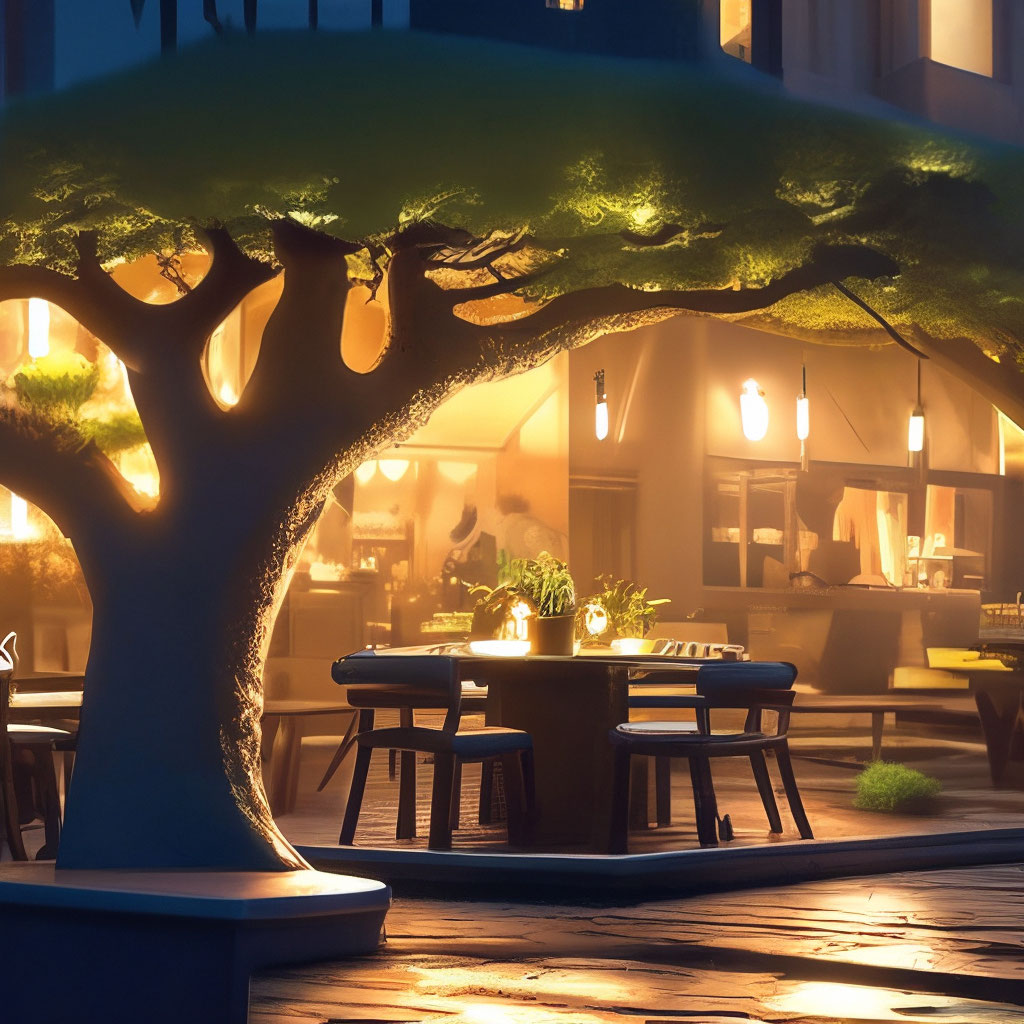 "Cafe on a dark street, each table has an unusual tree, the entrance to ...