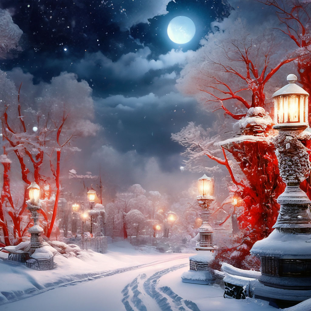 "Winter landscape in light red tones, delicate white velvety clouds ...