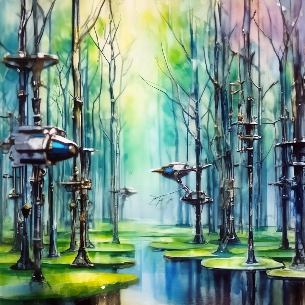 "Mechanical forest: metal trees, sparkling vines, electronic birds ...
