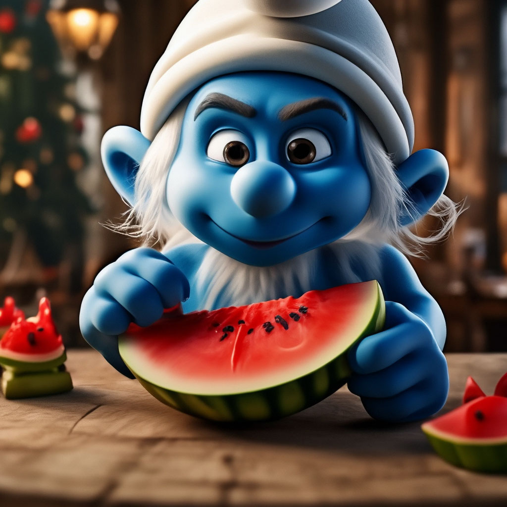 "Beautiful kind elegant funny Smurfs eating watermelon at the table ...