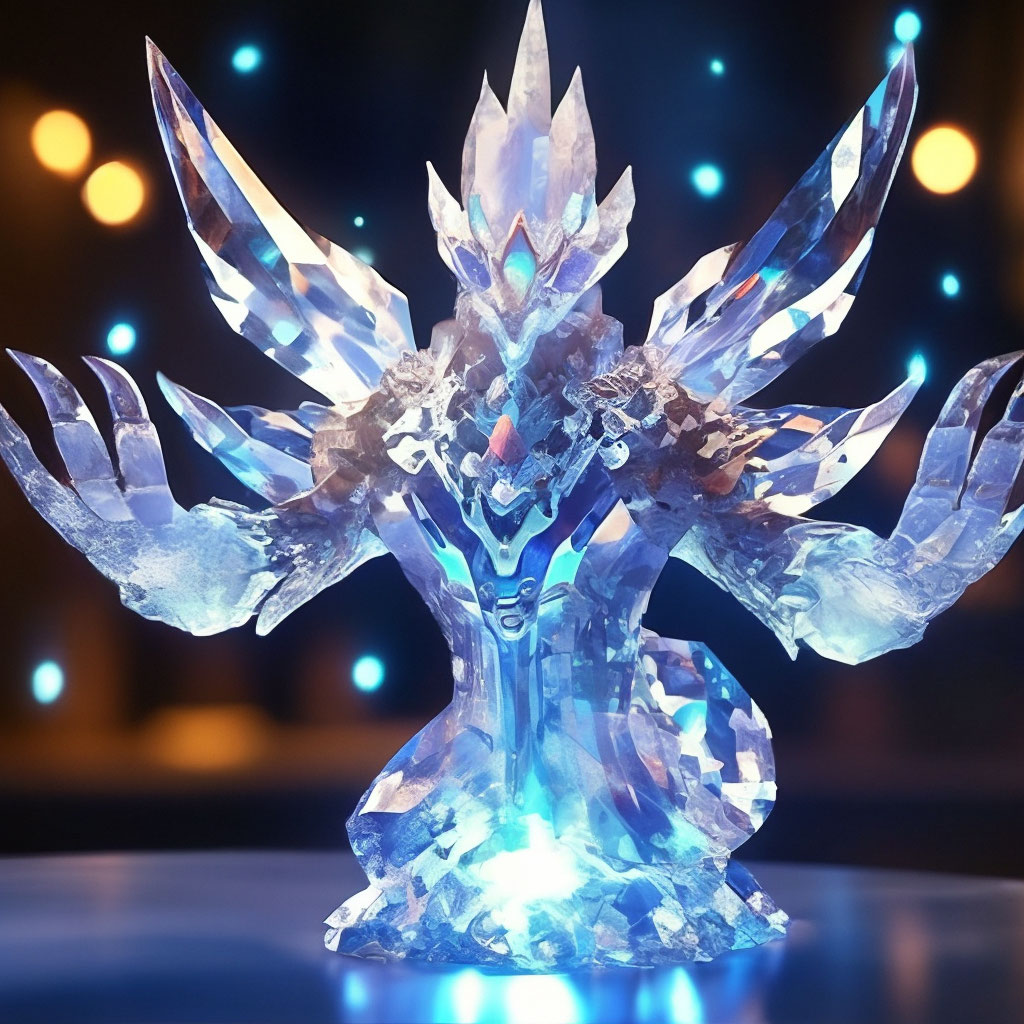 "Magical crystal creature with hands made of shining crystal, emanating ...