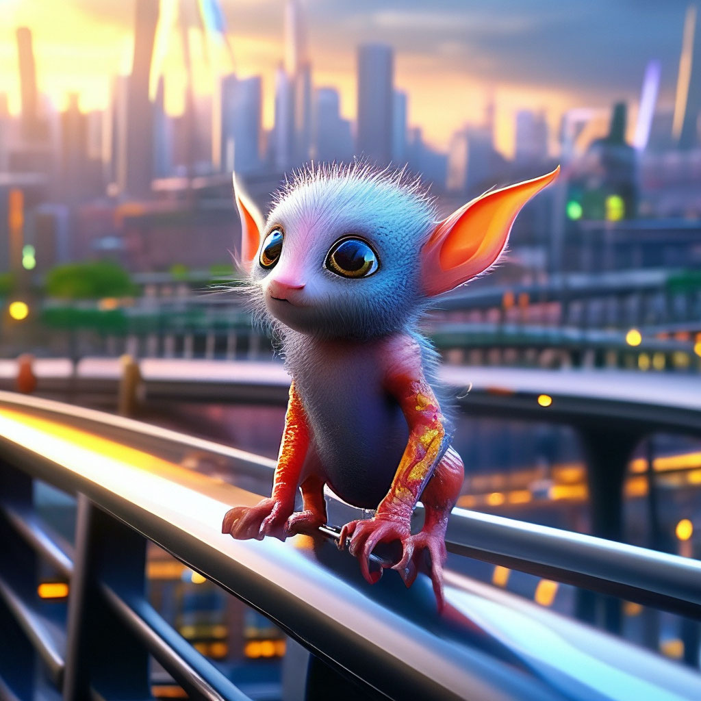 "An unknown creature, terribly cute, wiry, thin, on a bridge, in a ...