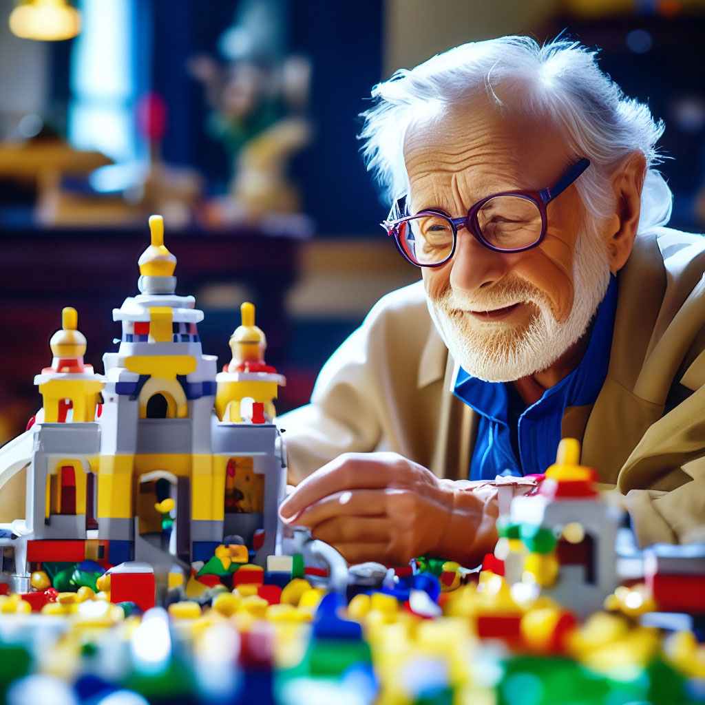 "Old grandpa playing lego, round fluffy palace, glasses, aesthetically ...