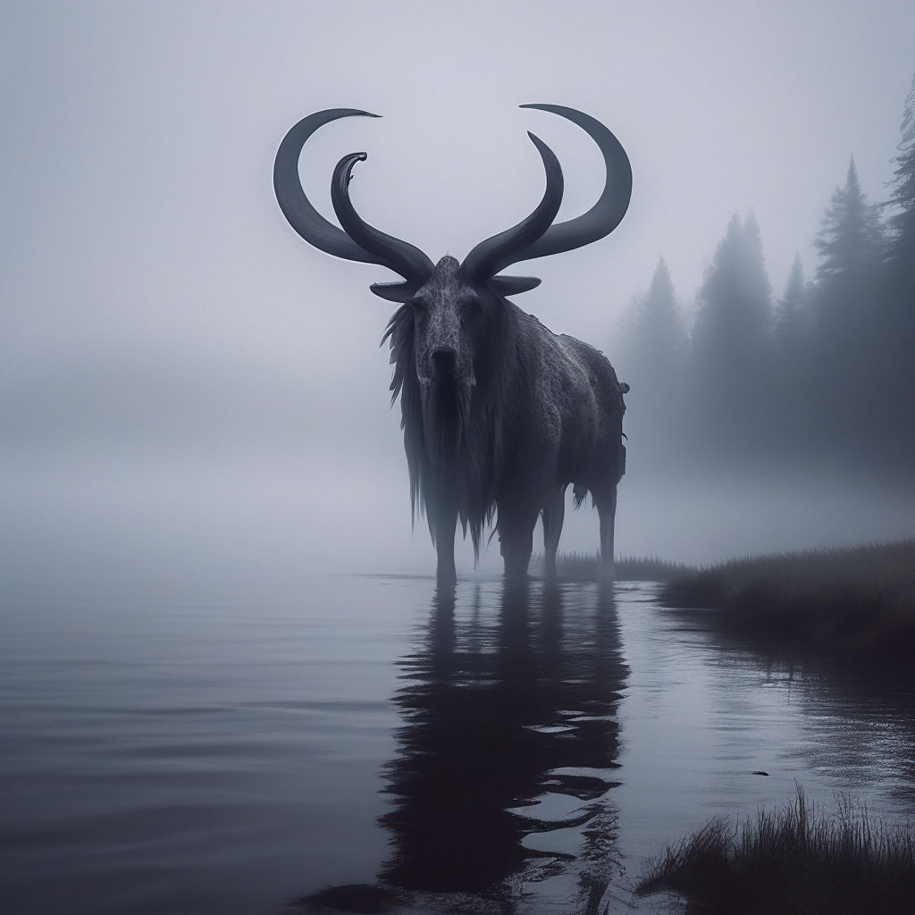 "Gloomy lake shore and a scary creature with horns ,32K,ultra photo ...