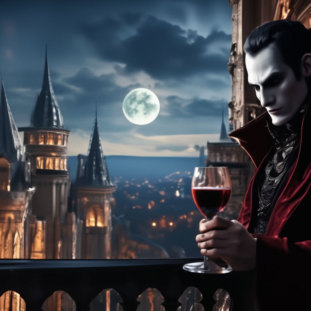 "The vampire king stands on the balcony of the castle with a glass of ...