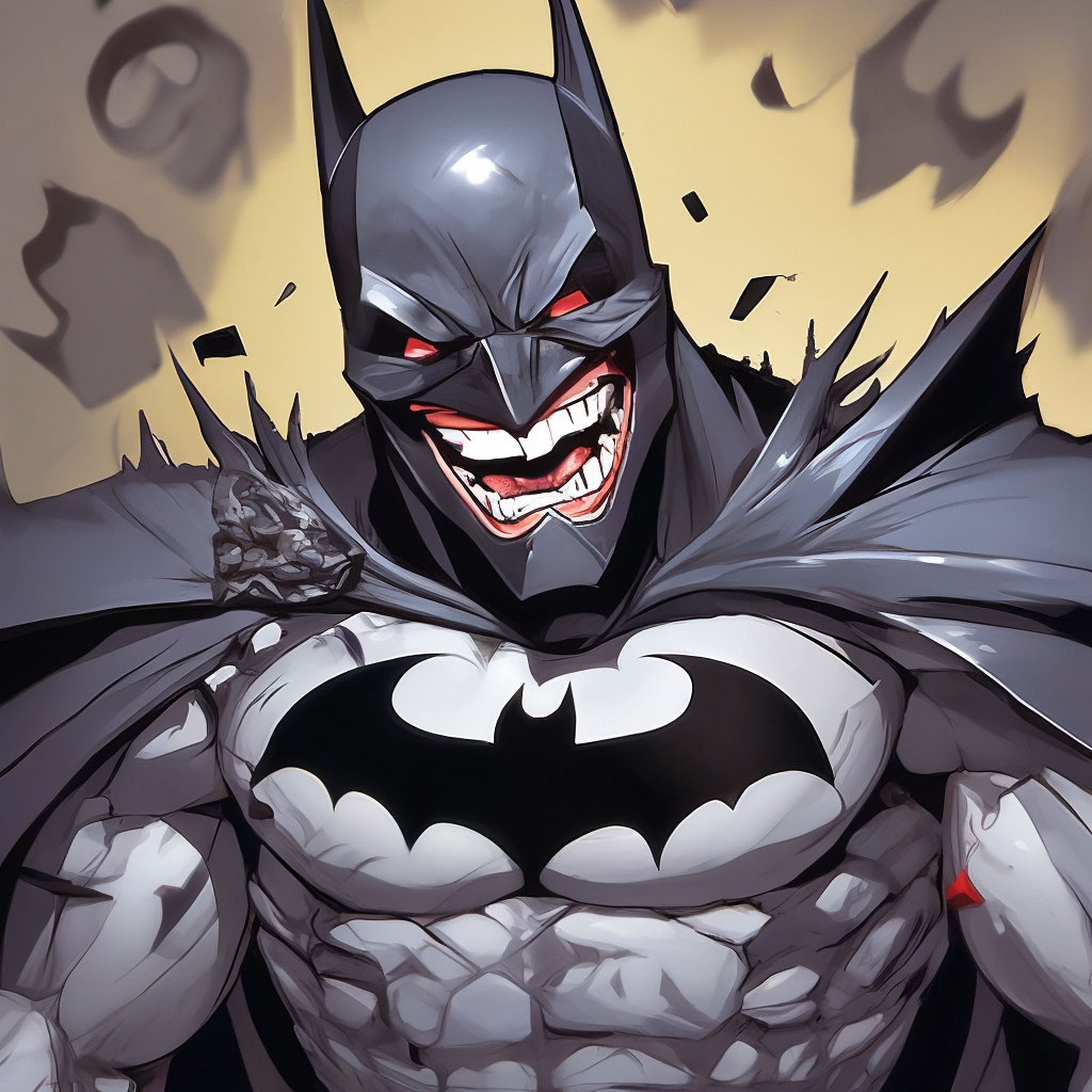 "Batman who laughs has a face covered with terrible scars, a bandage ...