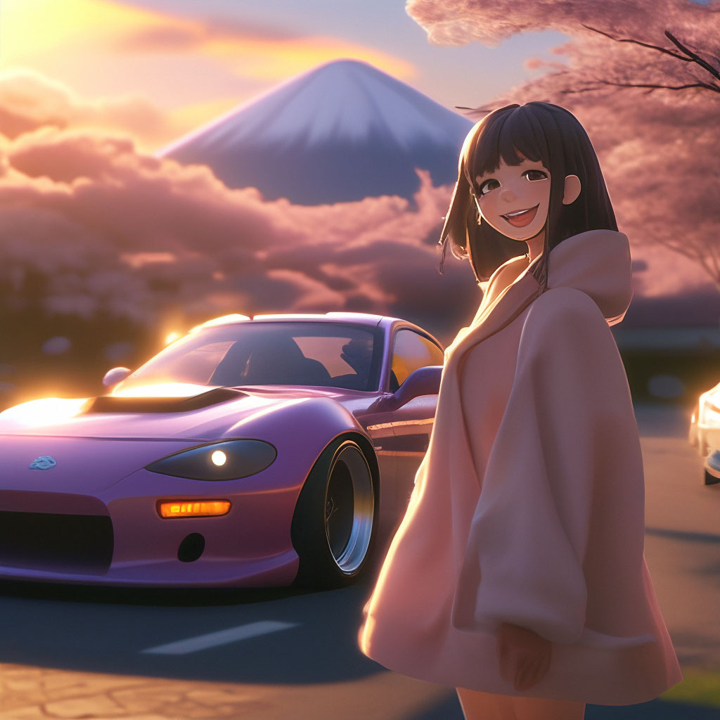 "The girl smiles and shows ️ and JDM machine, Sakura, Fujiyama ...