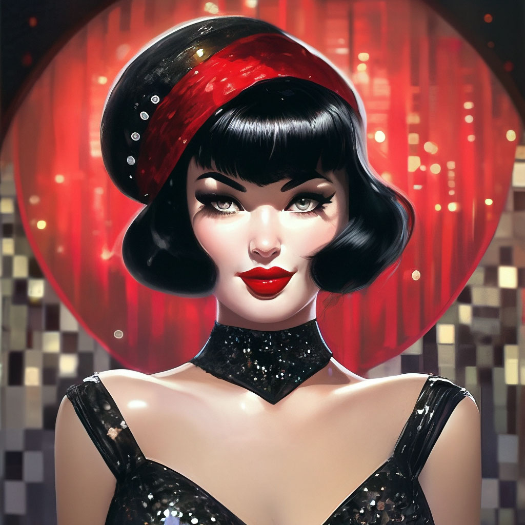 Pin Up Beautiful Girl Short Straight Black Hair Bangs Red Lips Big