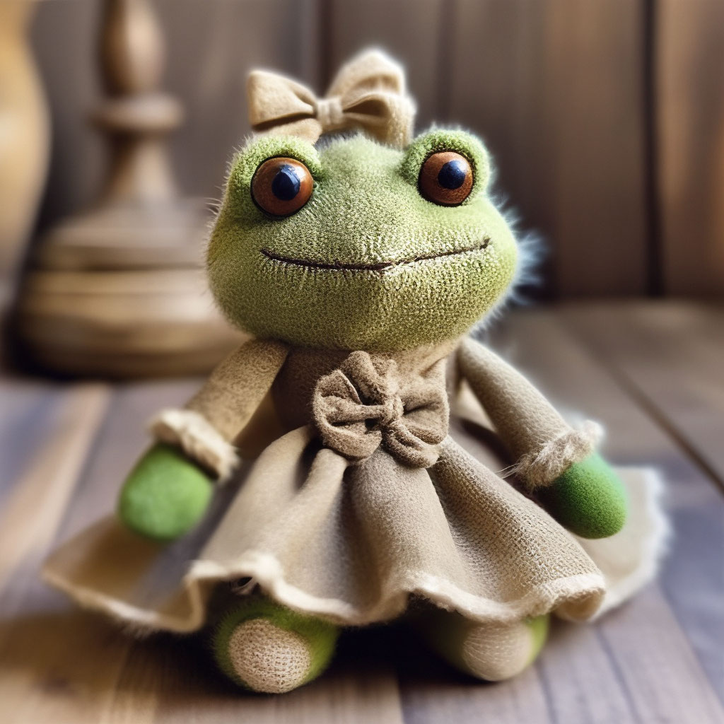 "A cute fluffy Frog in a dress, a bow made of string, shy, wants to ...