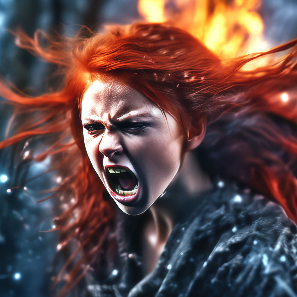 "Angry, upset, angry girl with red hair in the fire of anger and ...