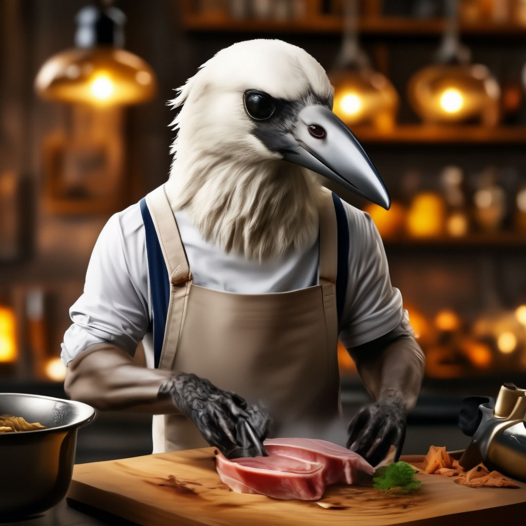 "Stylish white raven in an apron cooks in the kitchen, photorealism ...