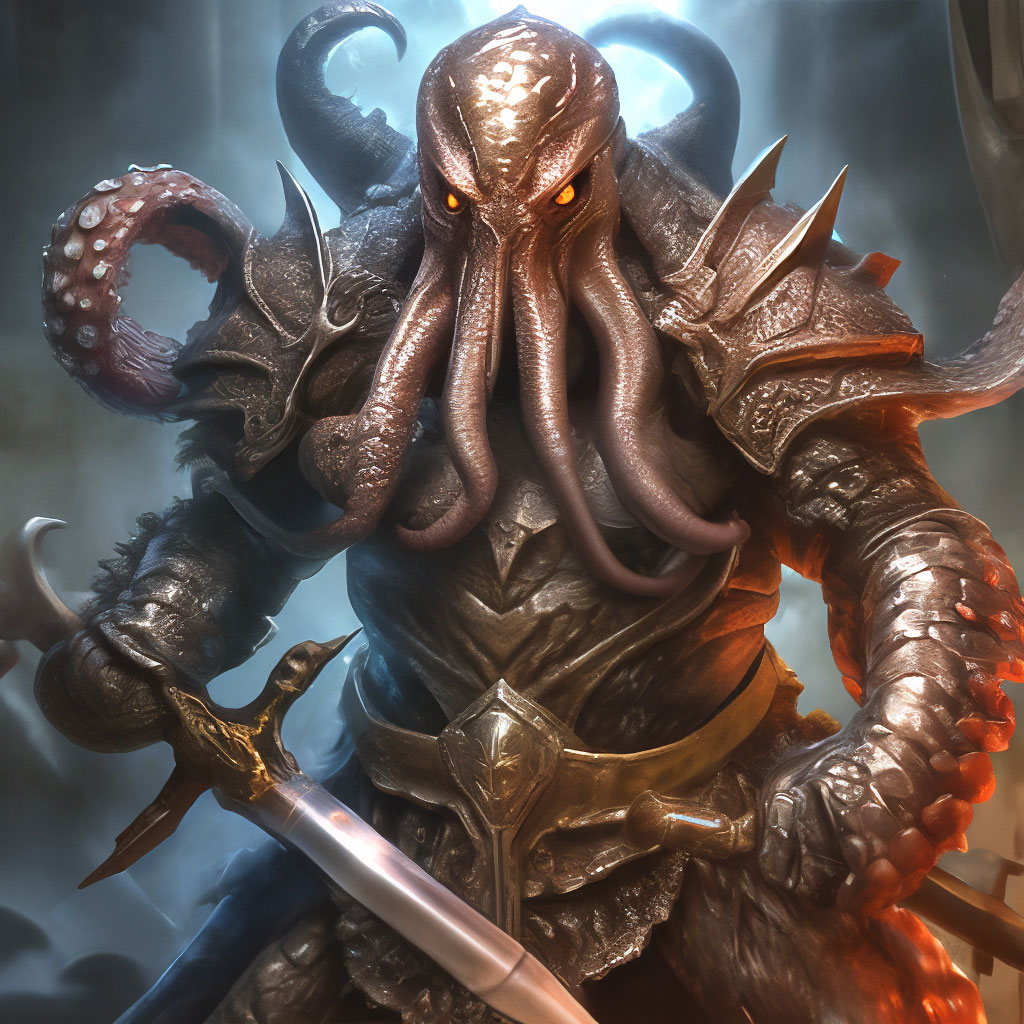 "Anthropomorphic octopus demon, anger, weapon in hand, leather armor ...