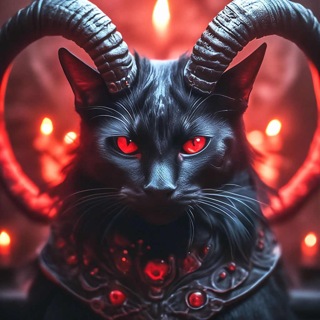 "Hyperrealistic horns entirely, calm black vampire cat with two large ...