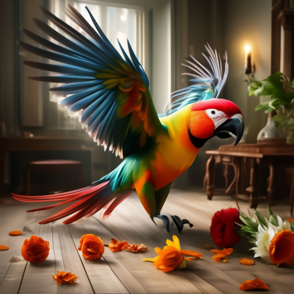 "A smart parrot throws a vase of flowers off the table with its paw ...