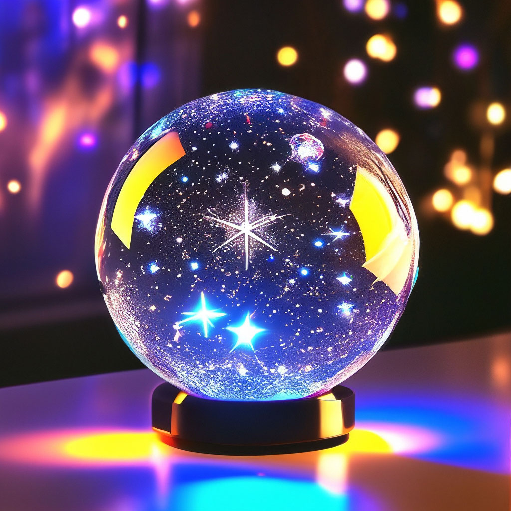 "Crystal ball with stars inside, around the universe, beautiful, neon ...