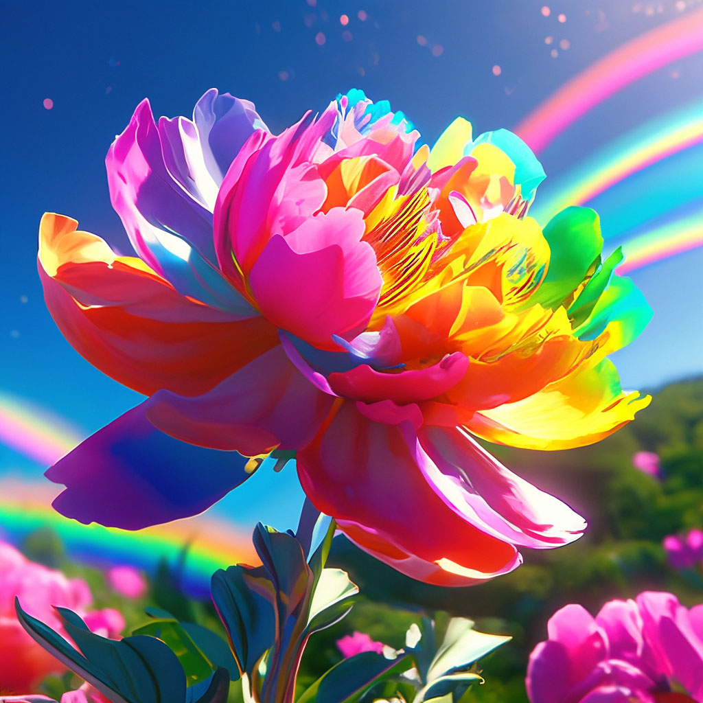 "Rainbow peony, reflected in the sky in ultra full HD CGI illustration ...