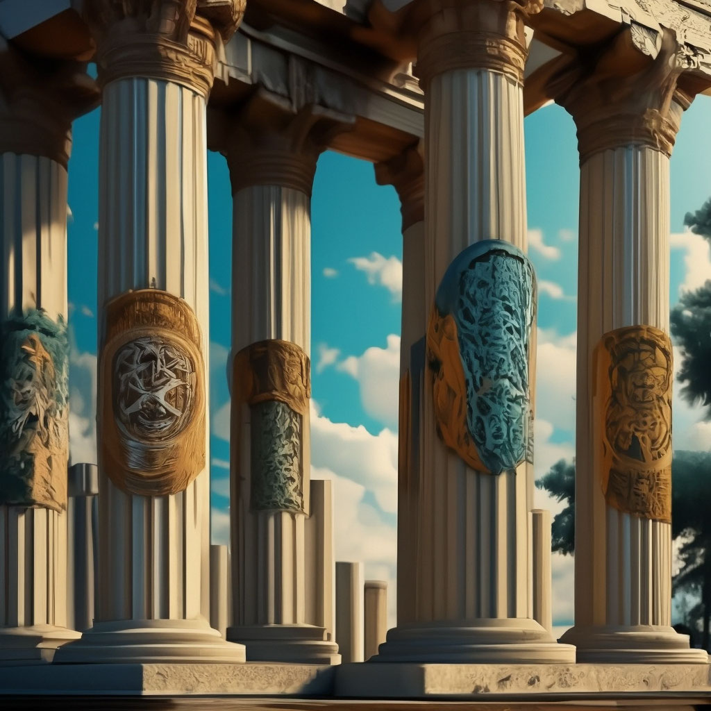 "Huge trees growing from Greek columns with runes painted on them ...