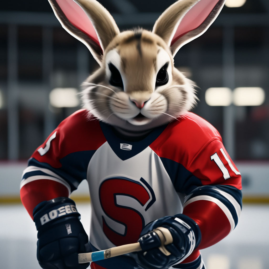 "Anthropomorphic bunny hockey player" — image created in Shedevrum