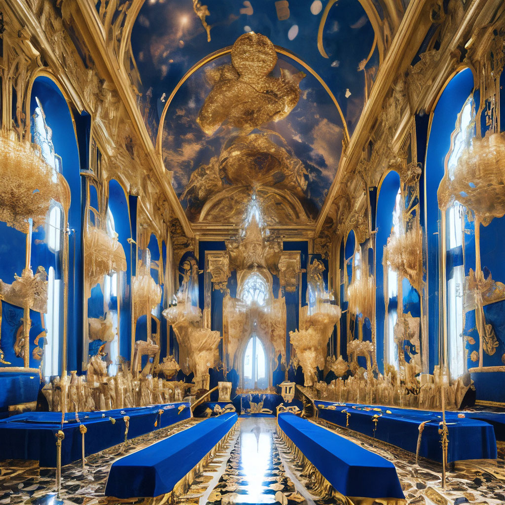 "An extravagant royal court in Celestial Baroque style, with gold and ...