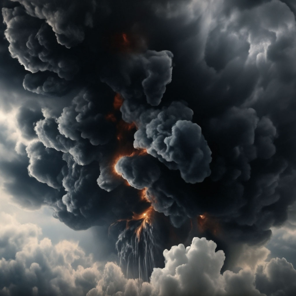 "Black thundercloud among white fluffy clouds atmospheric detail ...