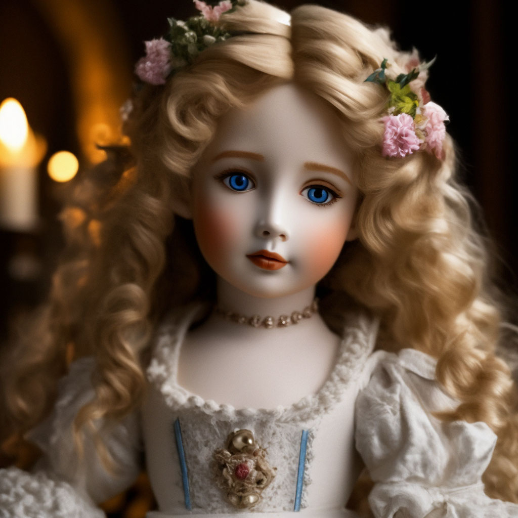 "A beautiful porcelain doll with blue eyes, light curled hair, in a ...