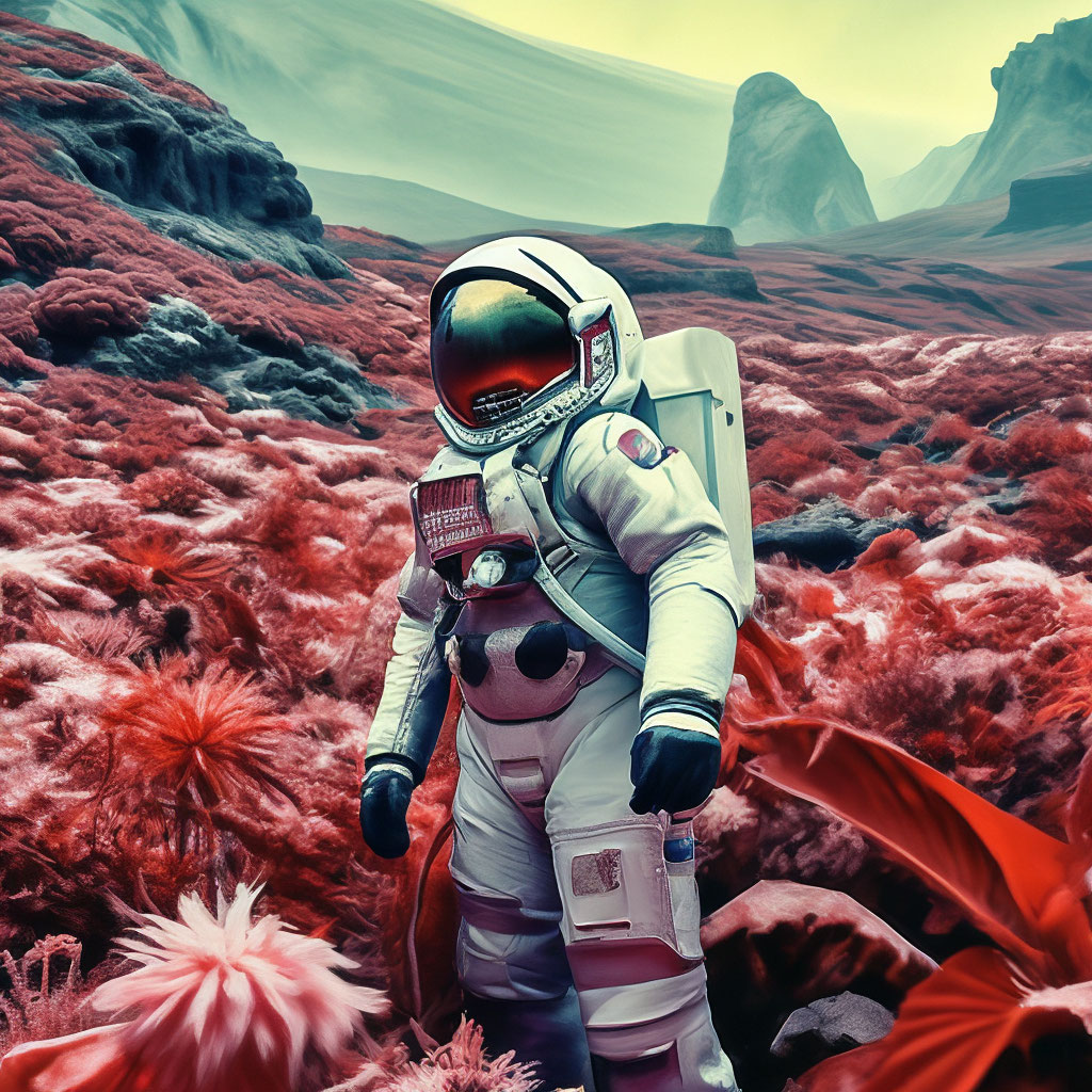 "An astronaut in a devastated pose among the strange flora of the ...