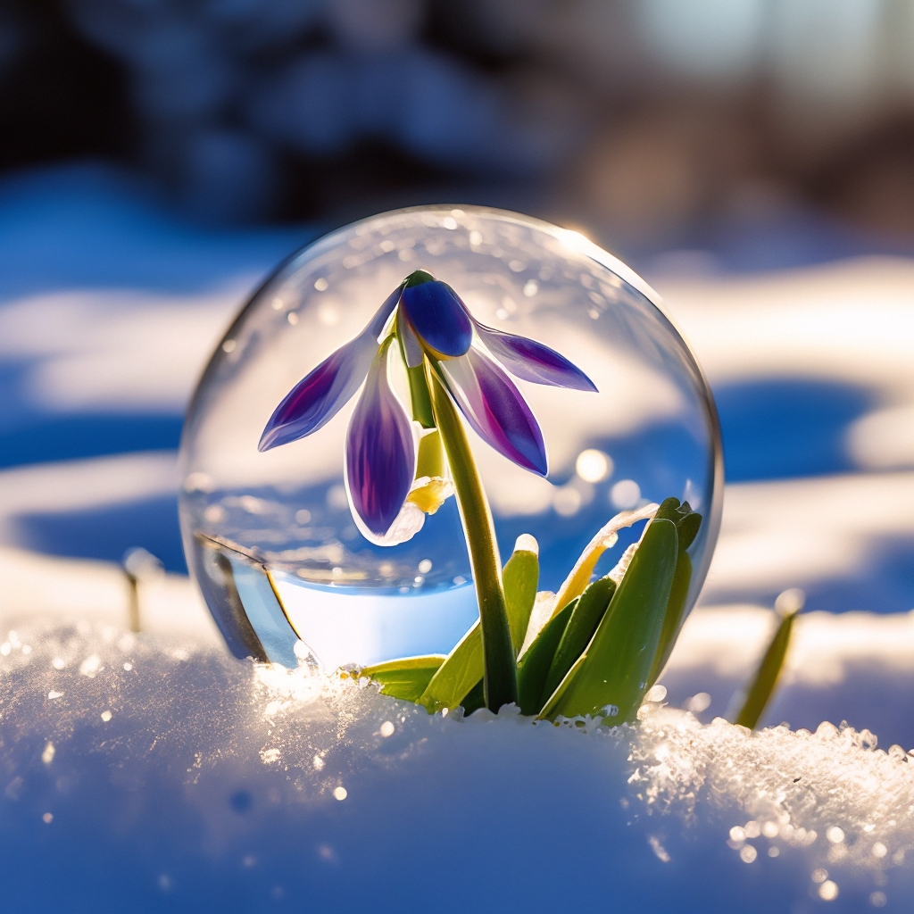 "A snowdrop in a glass ball lying on the snow" — image created in Shedevrum