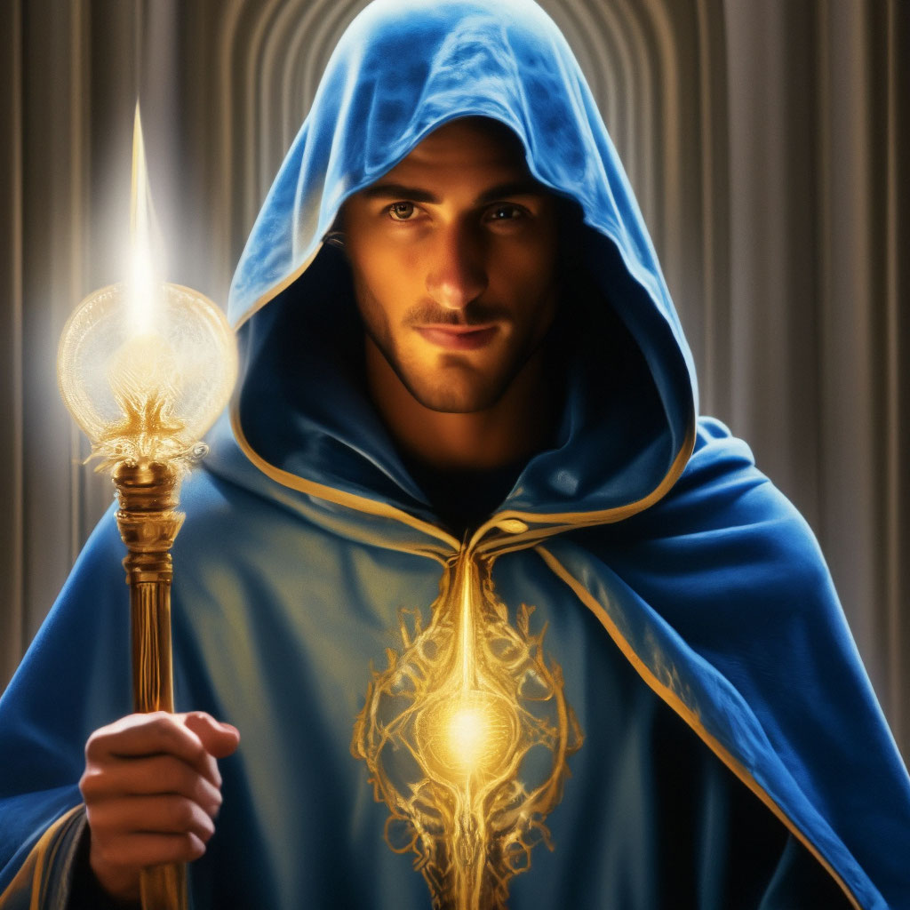 "A glowing man in blue clothes with a hood on the hood a golden stripe ...