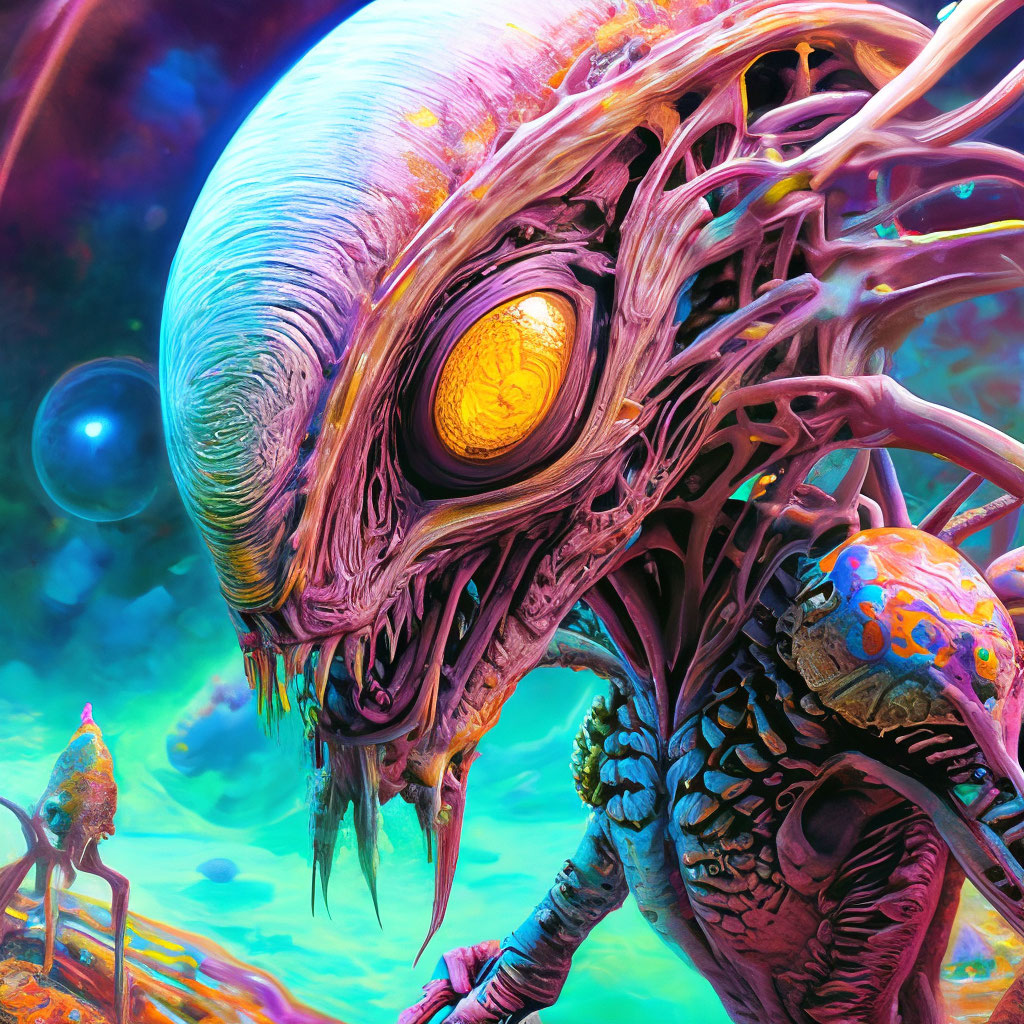 "With needles and big eyes xenomorph on an alien planet pastel colors ...