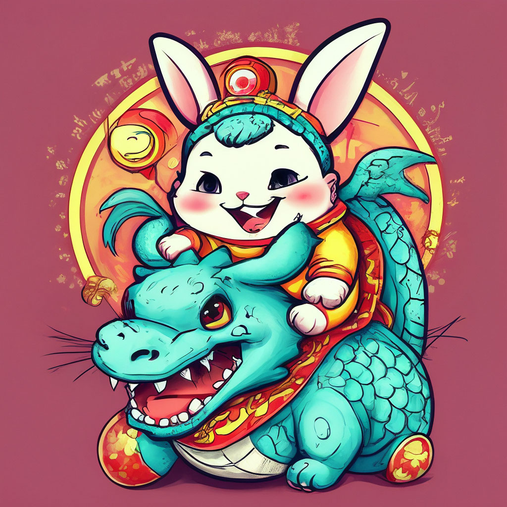 "Little rabbit riding on Chinese dragon's back, cartoon drawing with ...