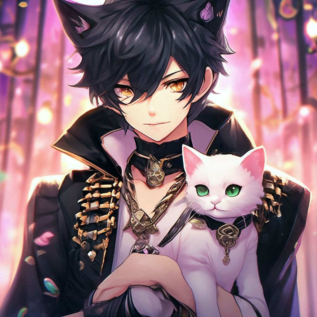 "Anime, handsome young anime cute guy, black hair, cat ears on his head ...