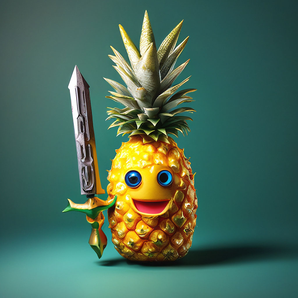 "Pineapple with a sword different eyes" — image created in Shedevrum