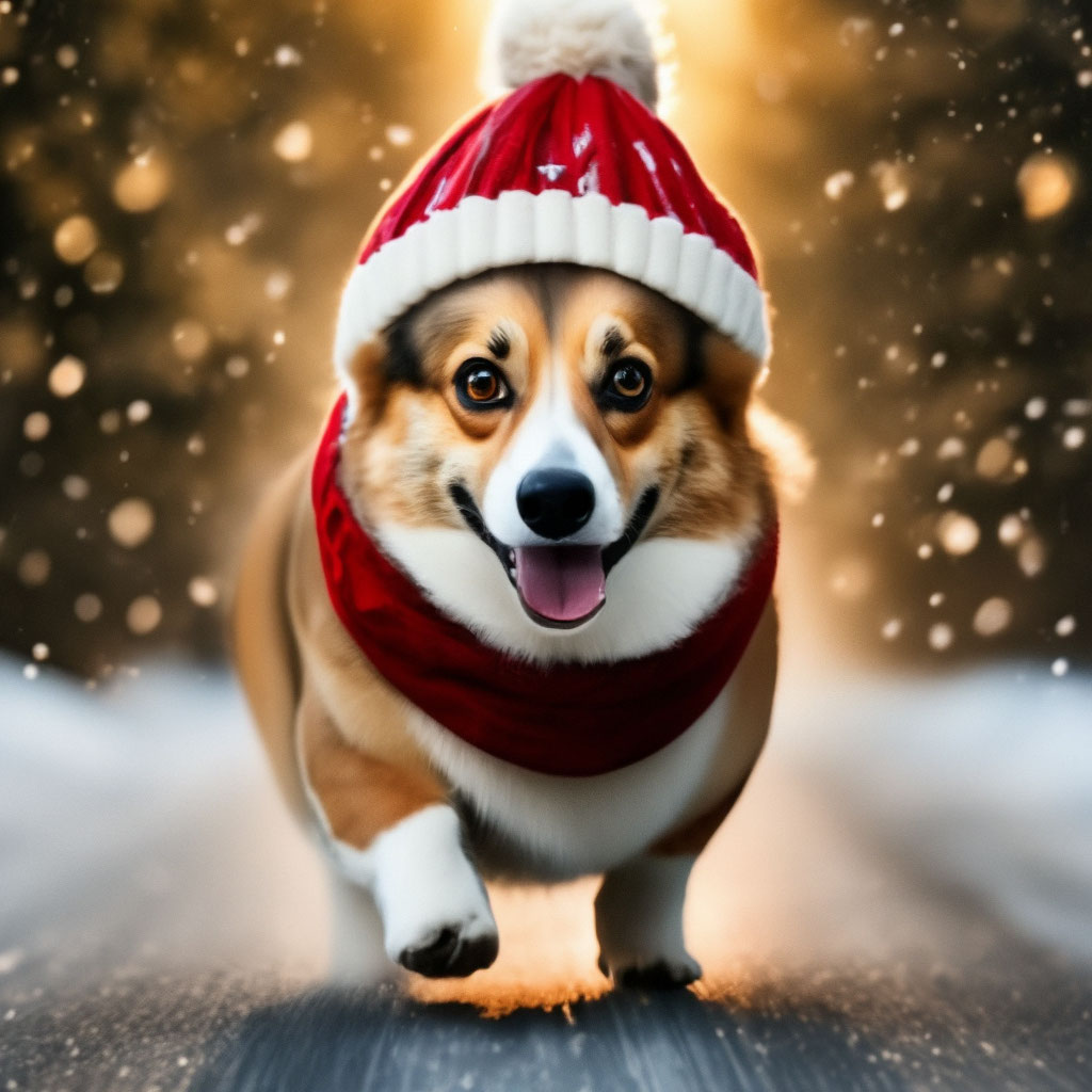 "A corgi smiley face in a red cap with a white pompom and a red scarf ...