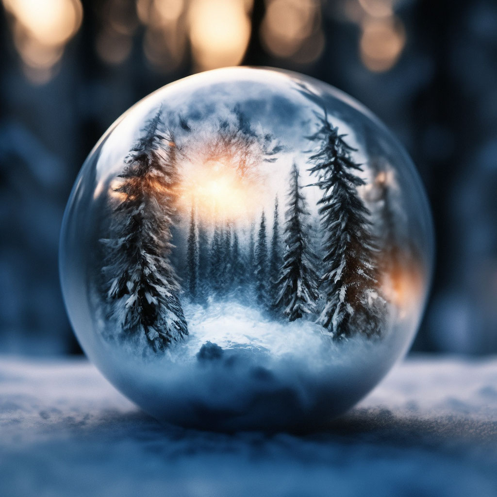 "A large ice sphere and a forest winter inside the sphere ...