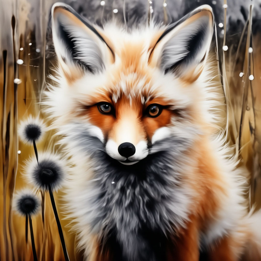 "Watercolor, wet drawing technique, very fluffy absolutely white fox ...