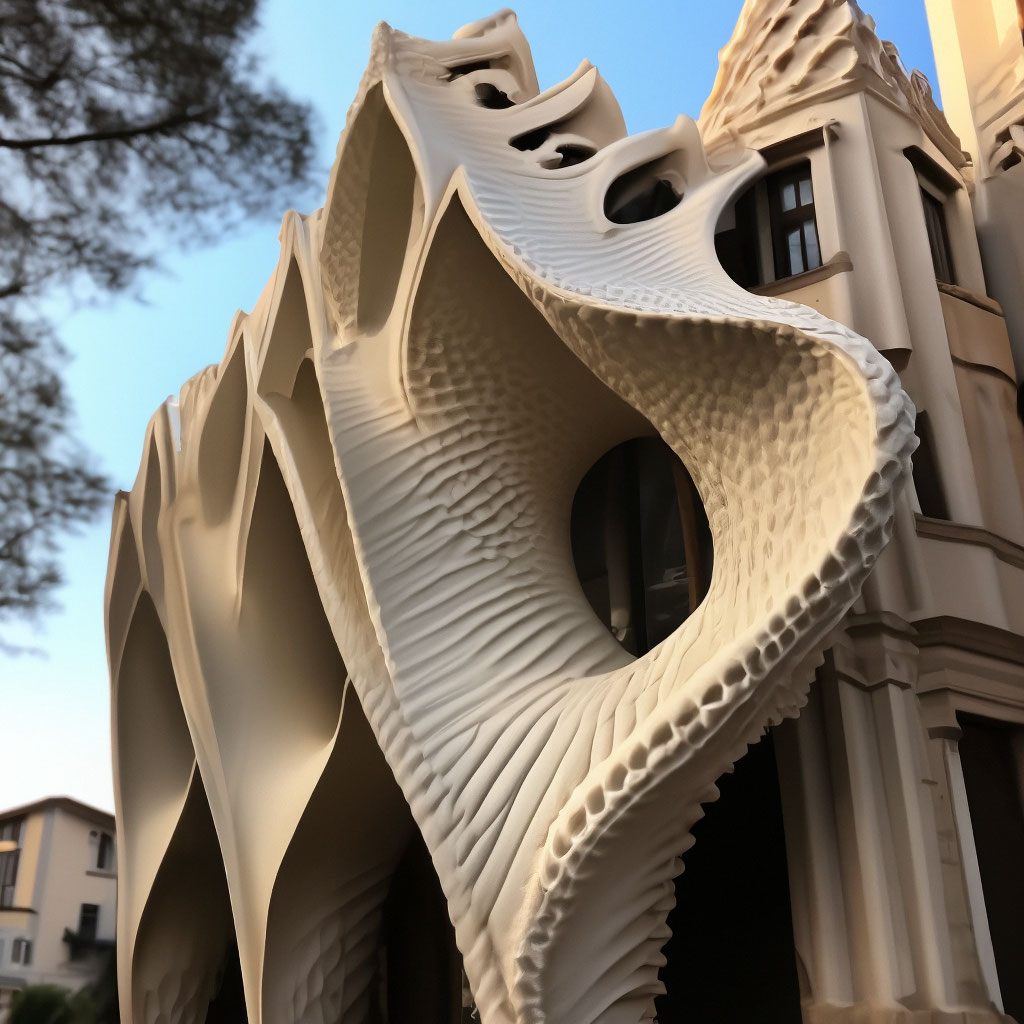 "Quaint Gaudi-style architecture. Huge seashells" — image created in ...