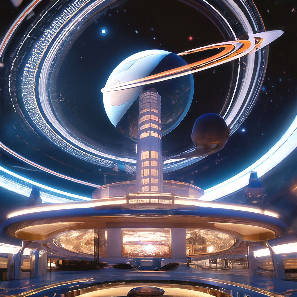 "Casino roulette, saturn rings, space station, tower" — image created ...
